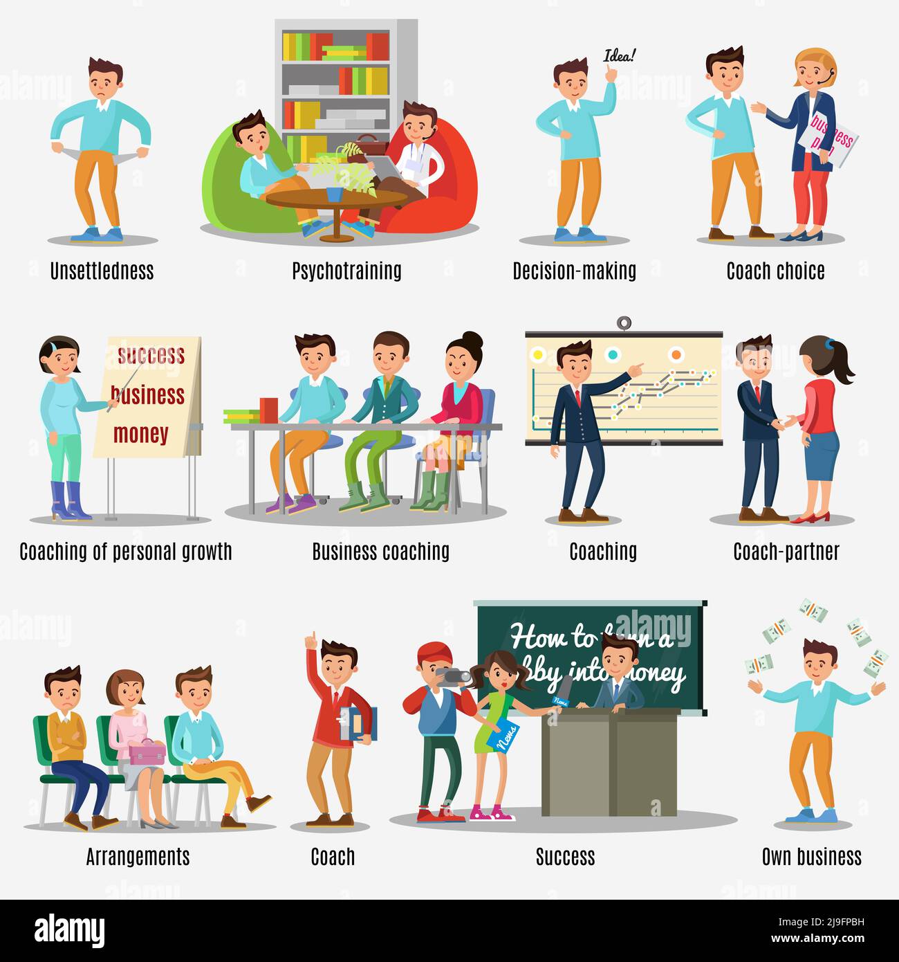 Coaching characters set with different kinds of training teaching and ...