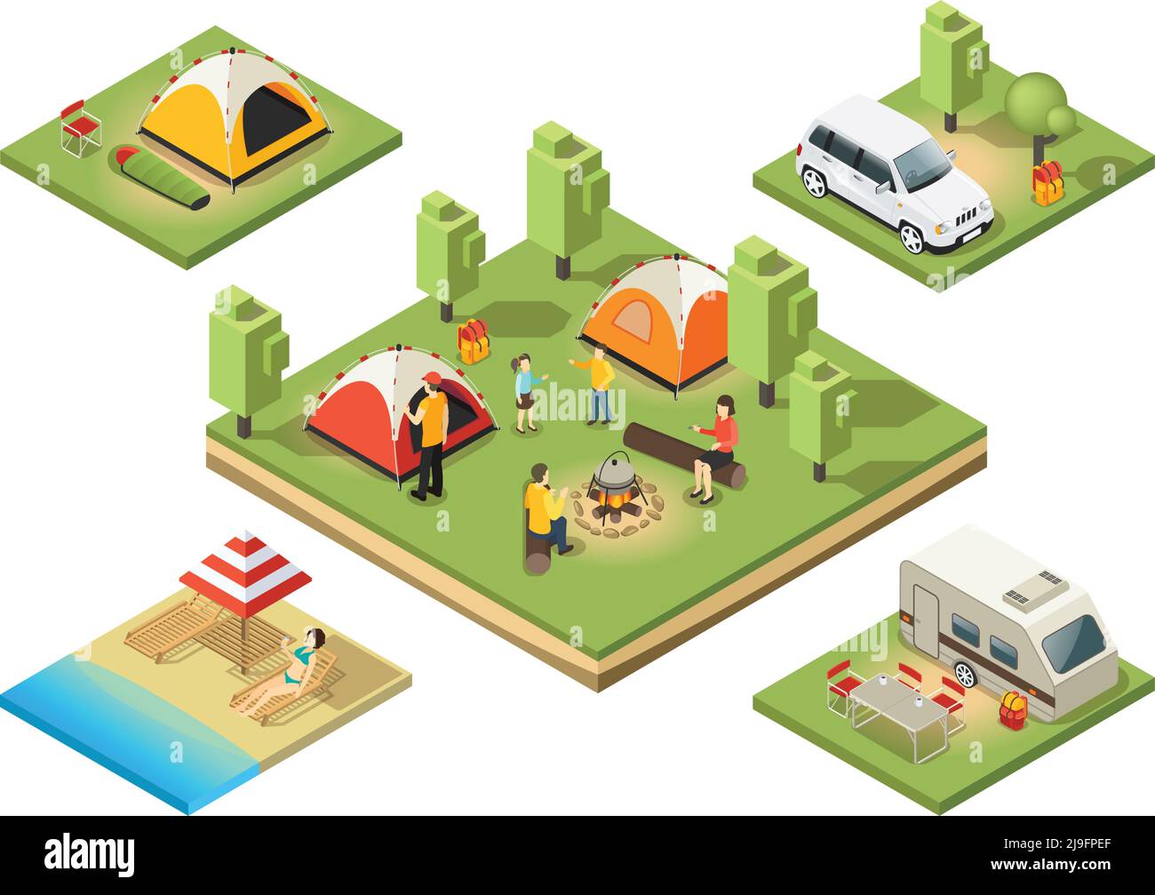Isometric camping territory composition with relaxing people sunbathing ...