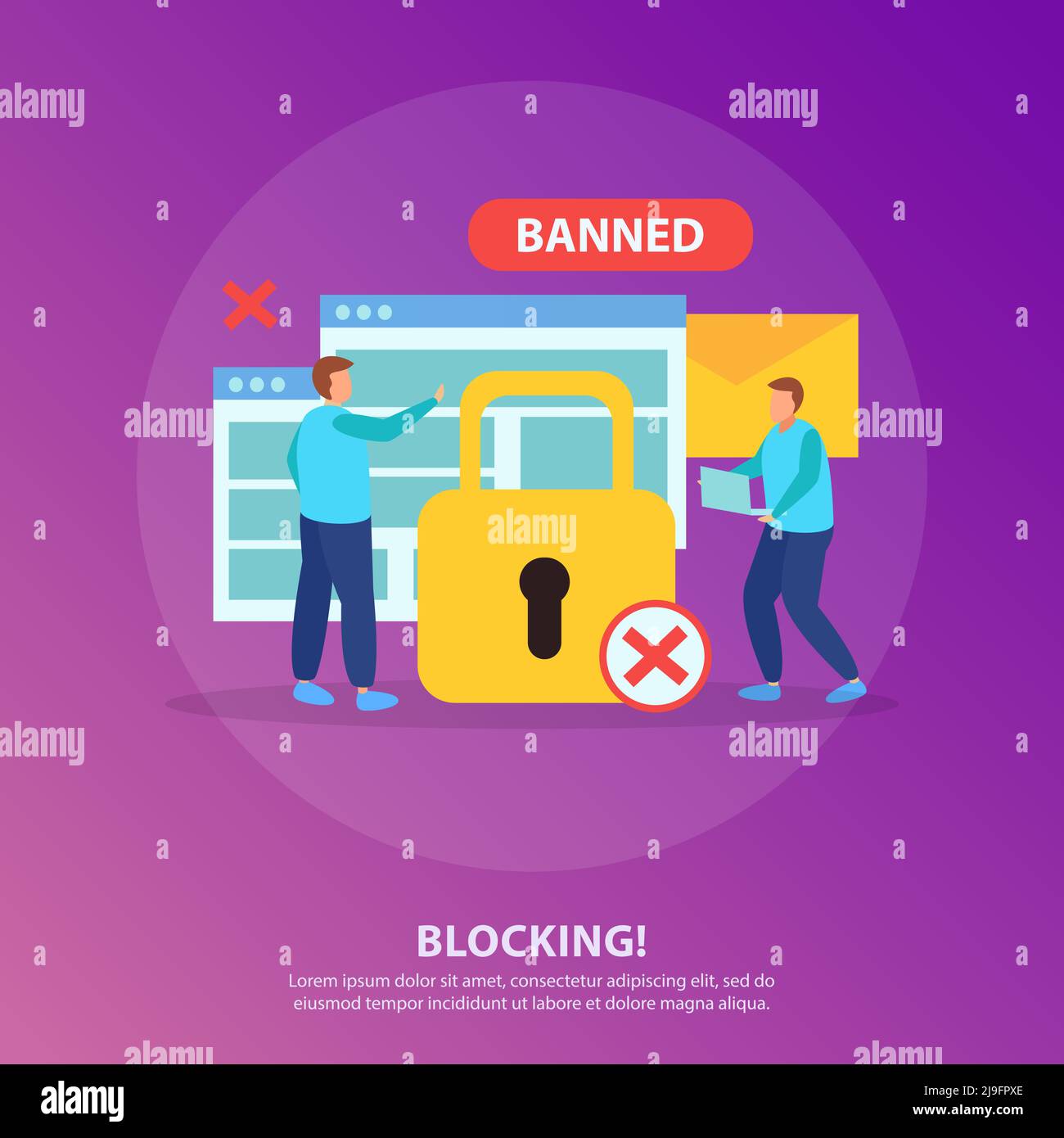 Blocking people from online chat flat round composition with yellow ...