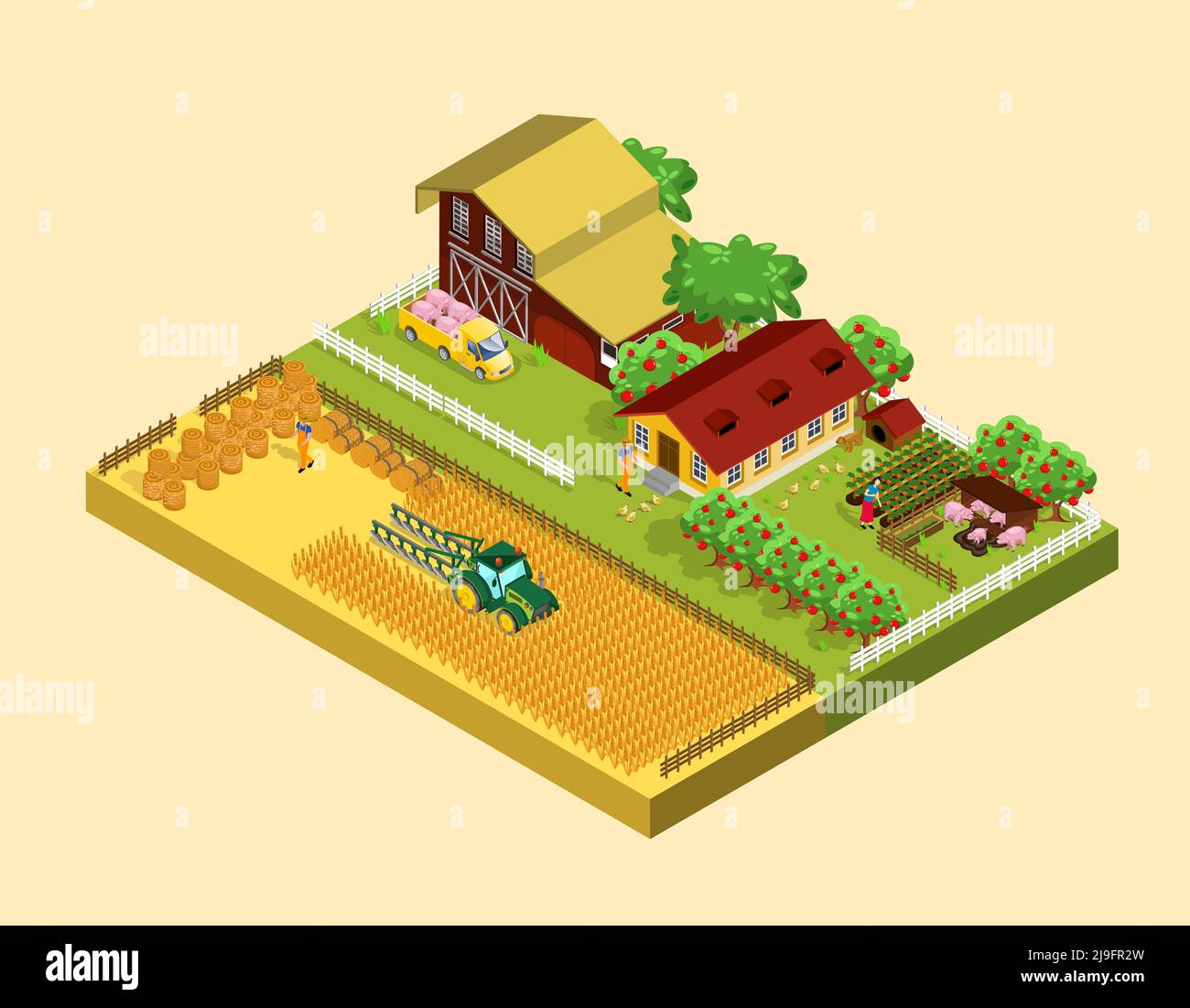 Isometric farming concept with house barn farmers animals apple trees ...
