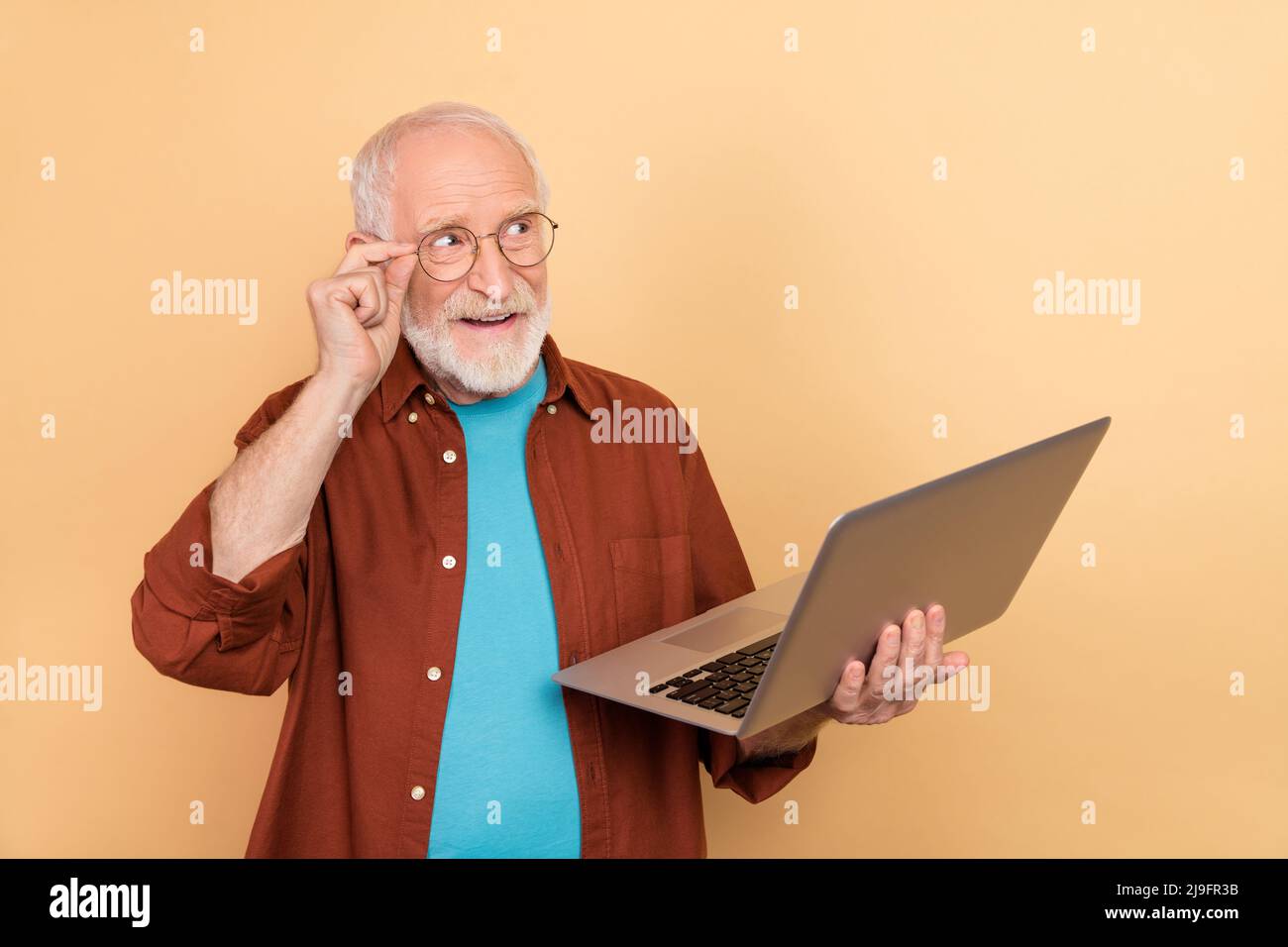 Photo of positive businessman look empty space thinking new project ...