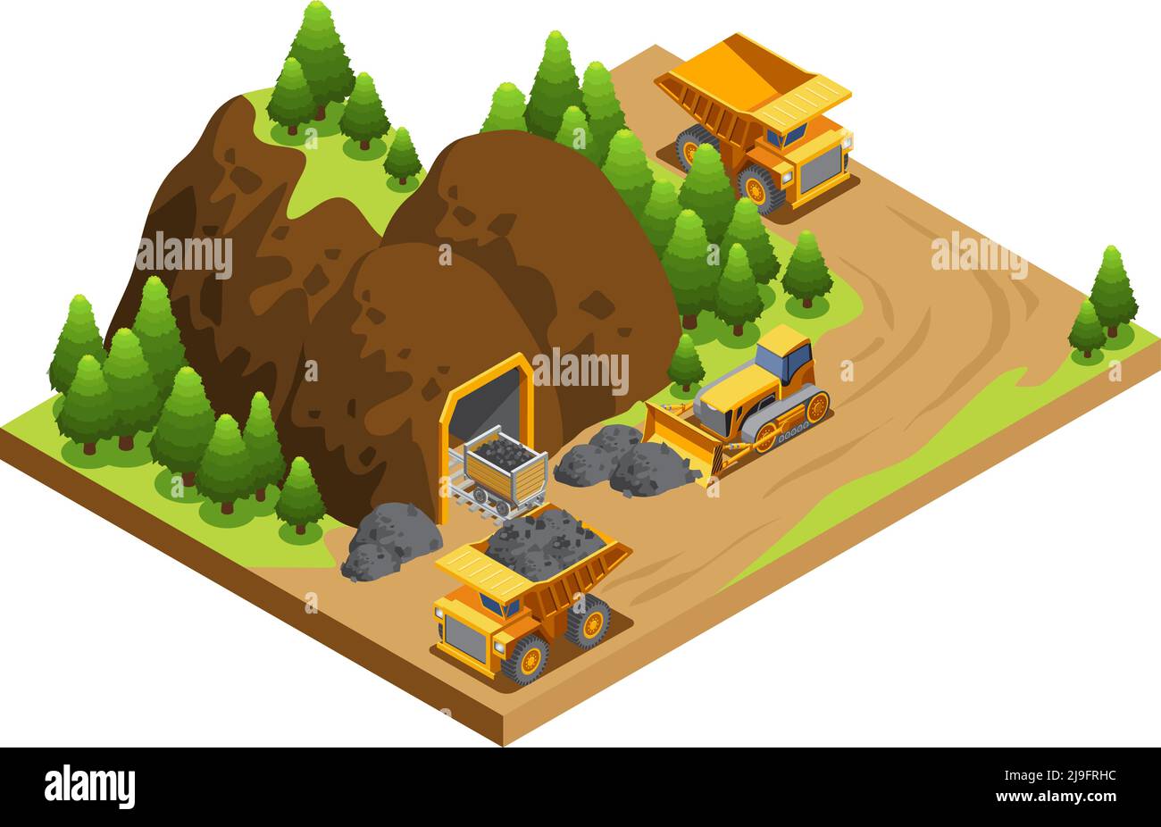 Isometric coal extraction industry template with dump trucks transporting resources and ...