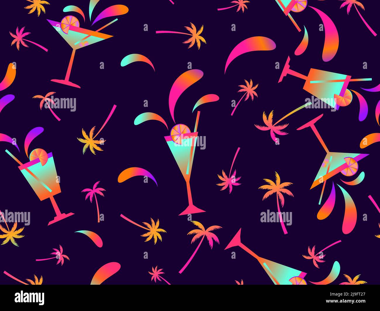 Cocktail with umbrellas and palm trees seamless pattern. Gradient ...