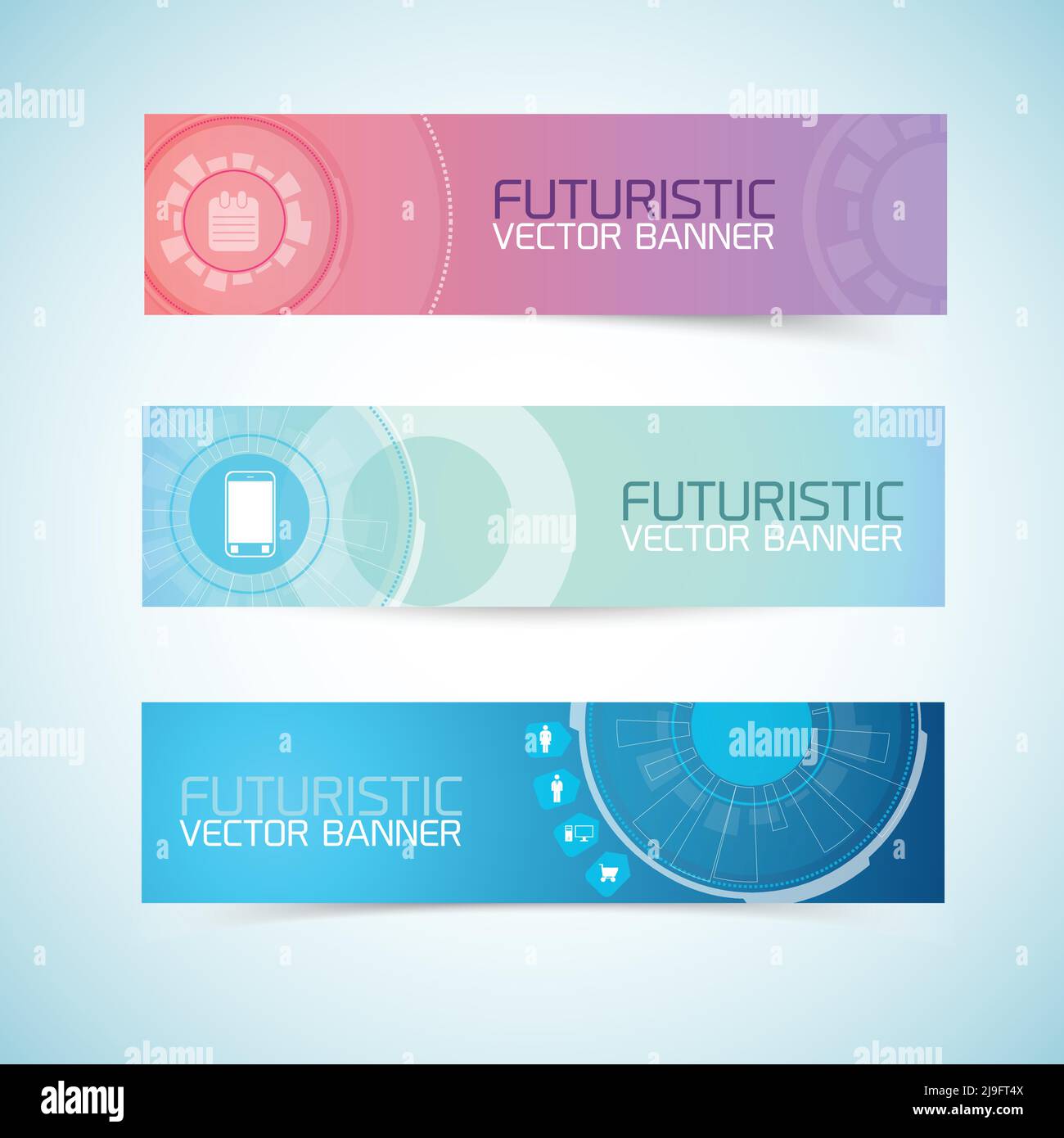 Futuristic banners set of pastel tones with everyday life icons and ...