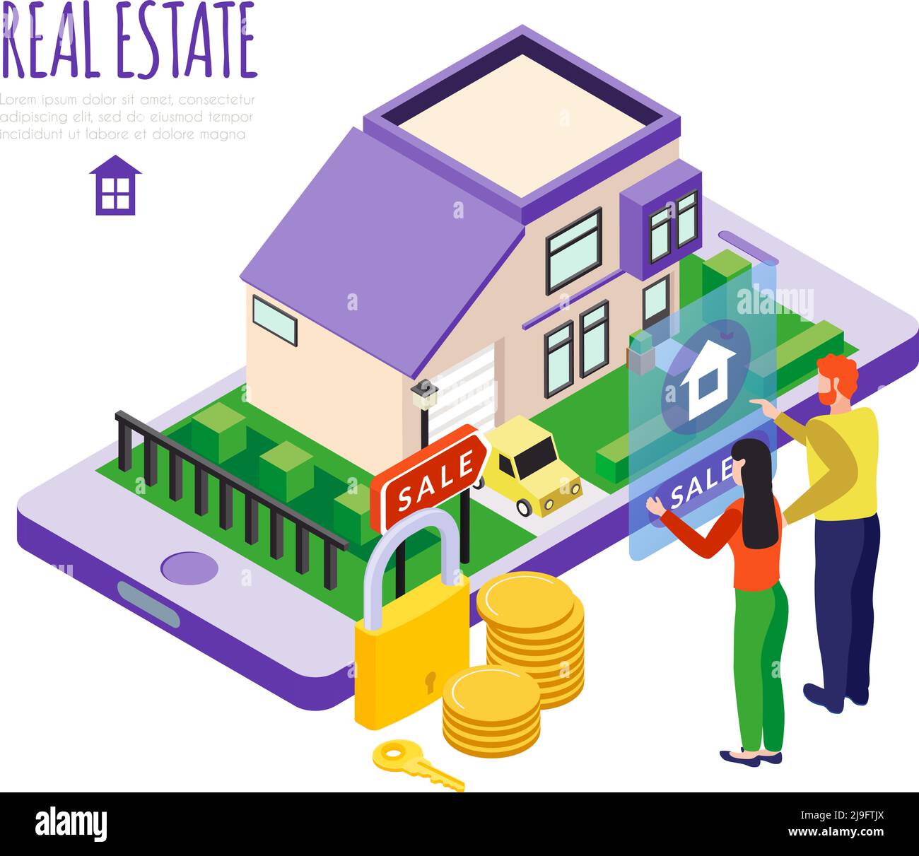 Isometric city buildings real estate composition with conceptual images ...
