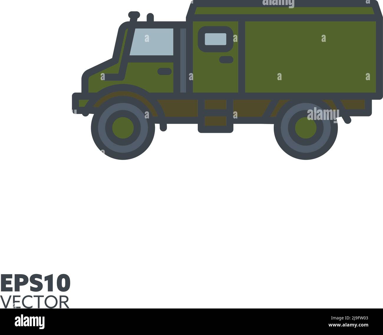 Four-wheel drive military truck vector filled line icon. Offroad army ...
