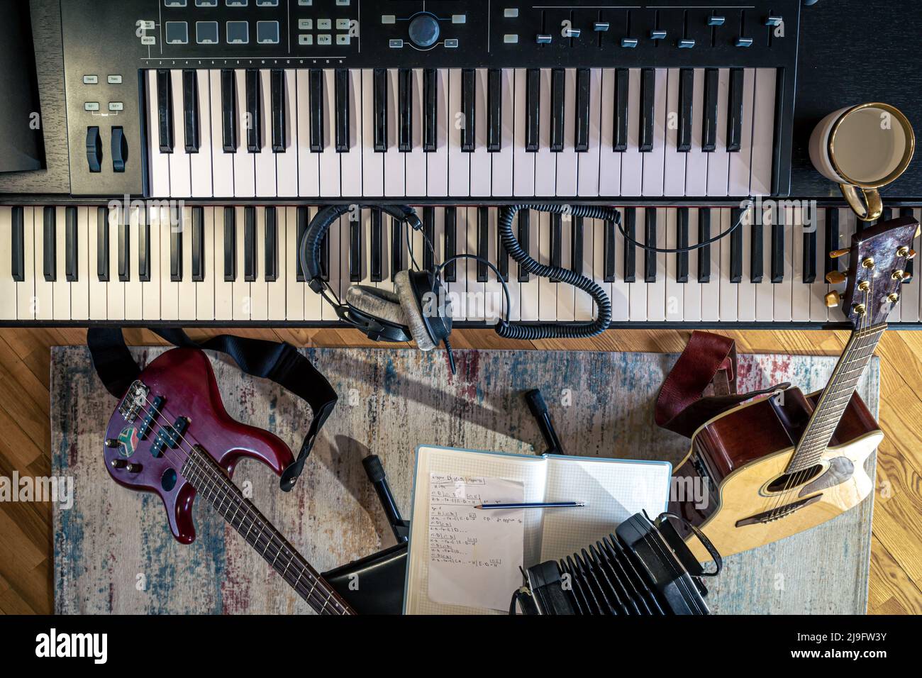 Piano keys, top view, musician's workplace in home Stock Photo - Alamy