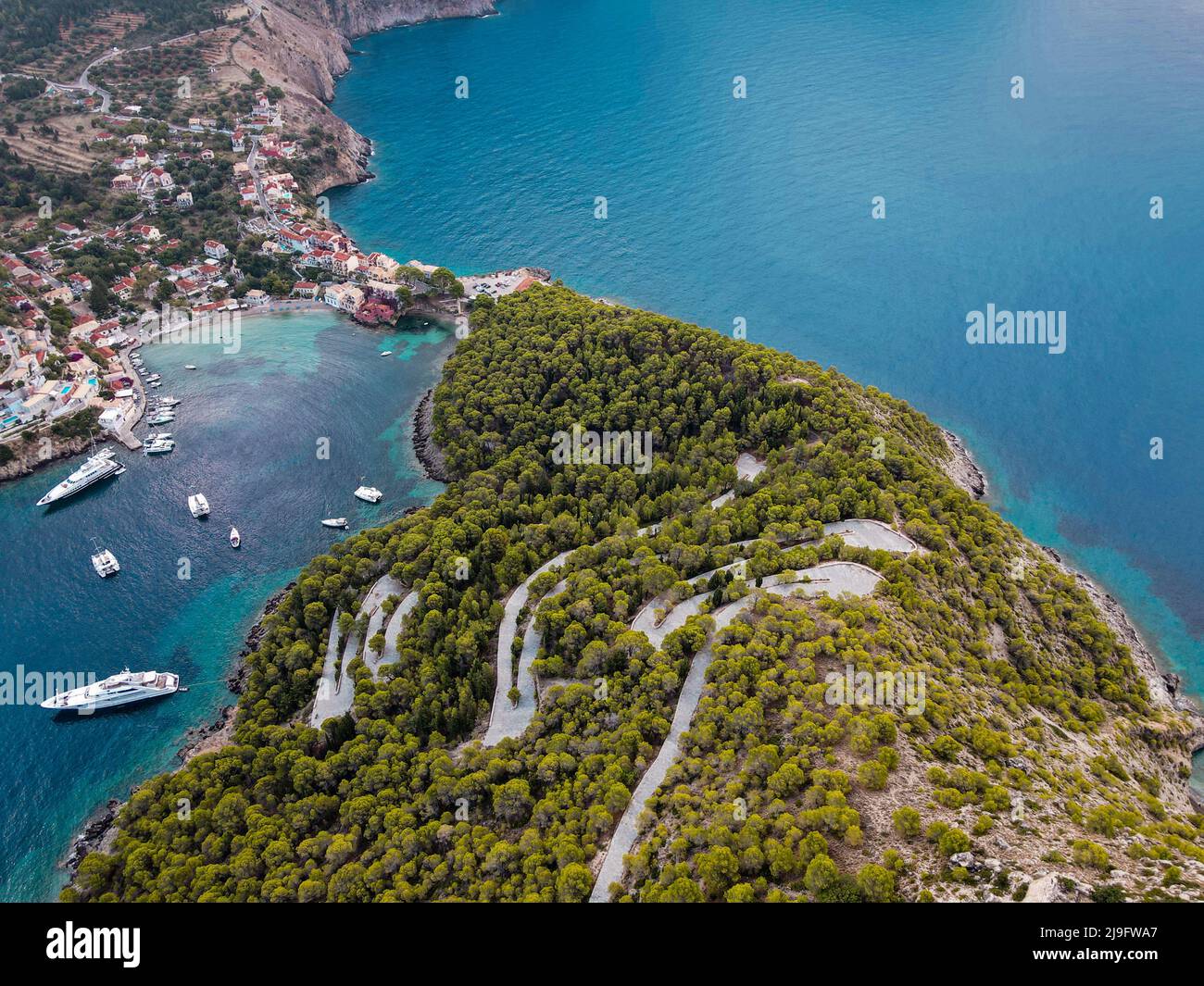 Aerial view coastal town mountains background hi-res stock photography ...