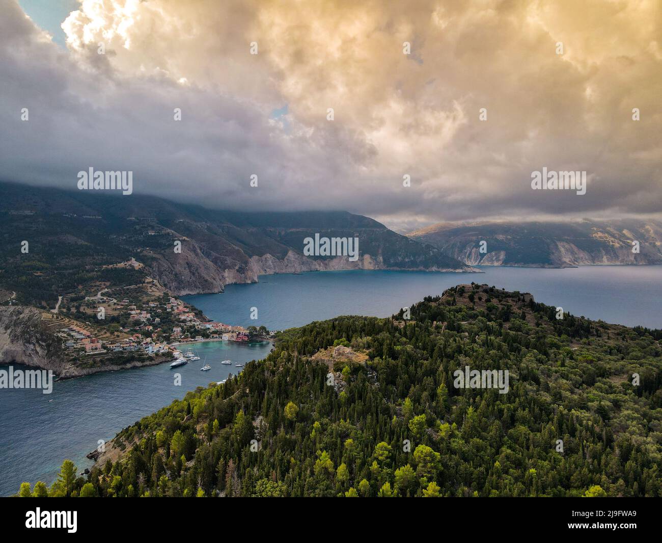 Aerial view coastal town mountains background hi-res stock photography ...