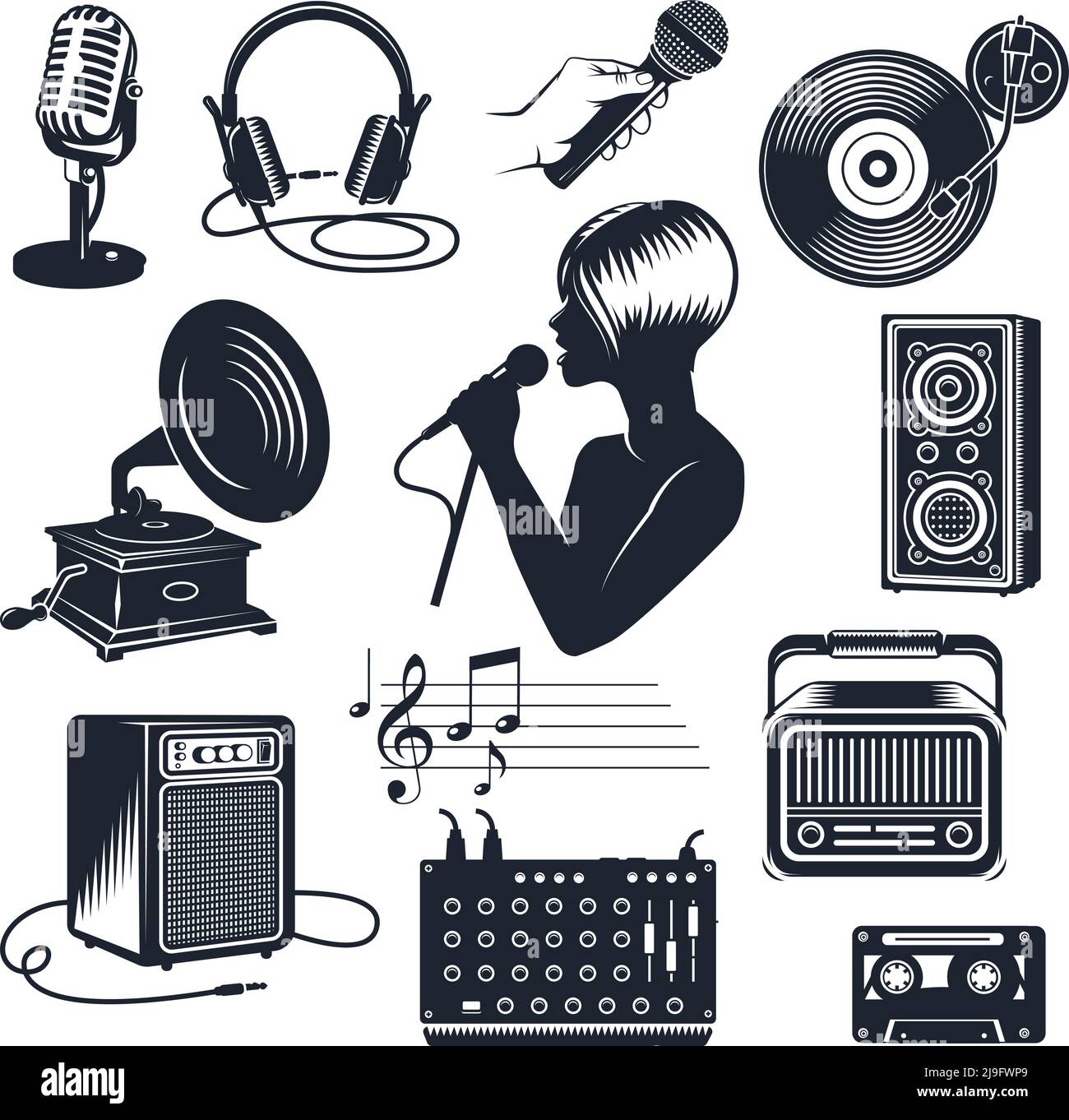 Karaoke elements monochrome vintage set including singing woman with ...