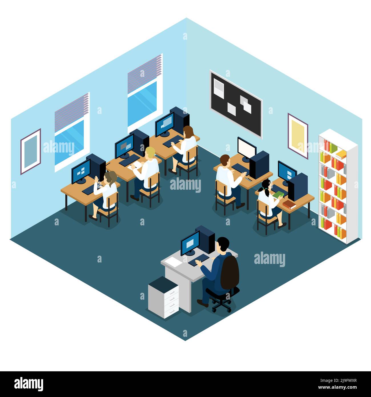 Computer class isometric layout with children at lesson in blue room ...
