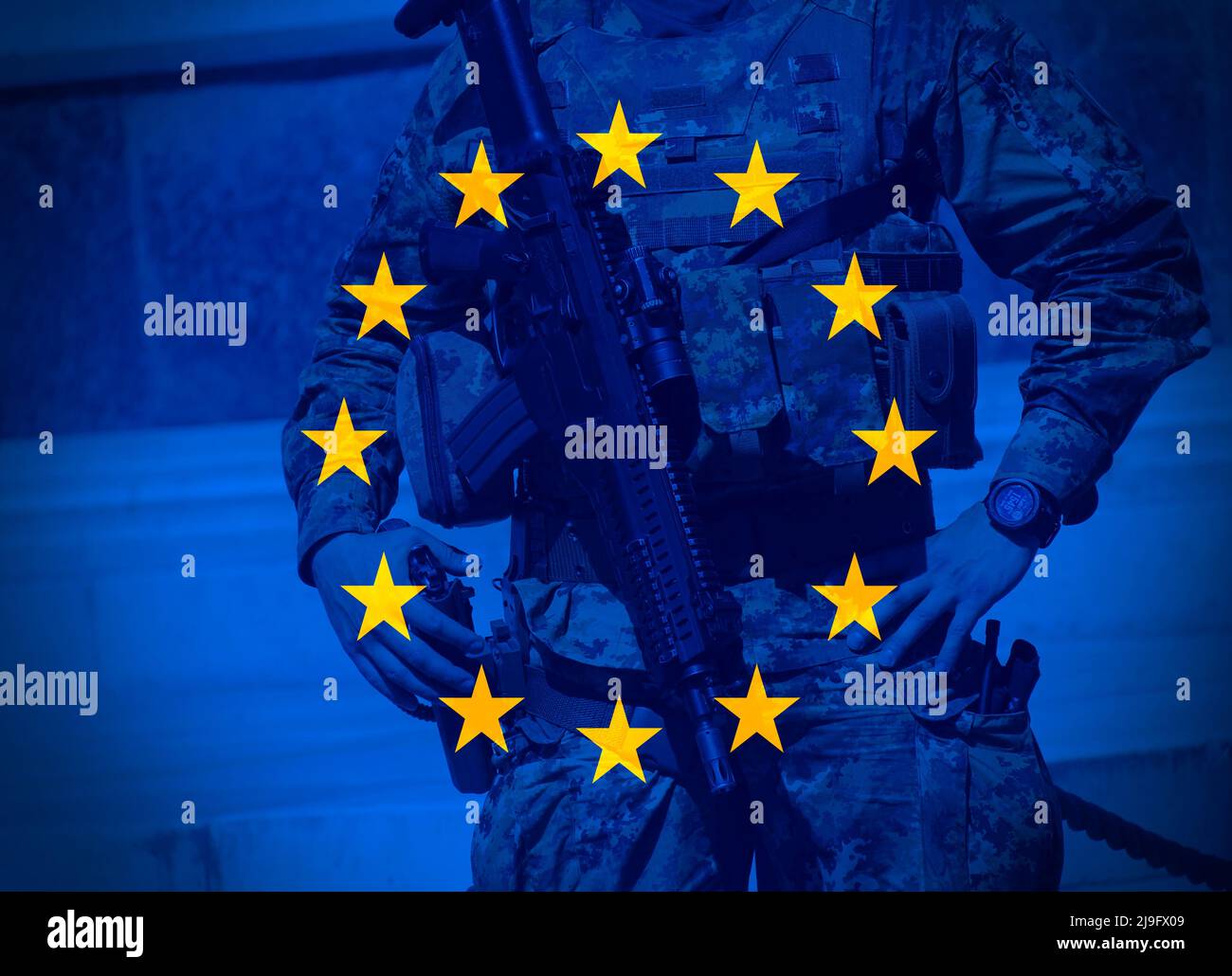 European flag with a soldier as background Stock Photo - Alamy