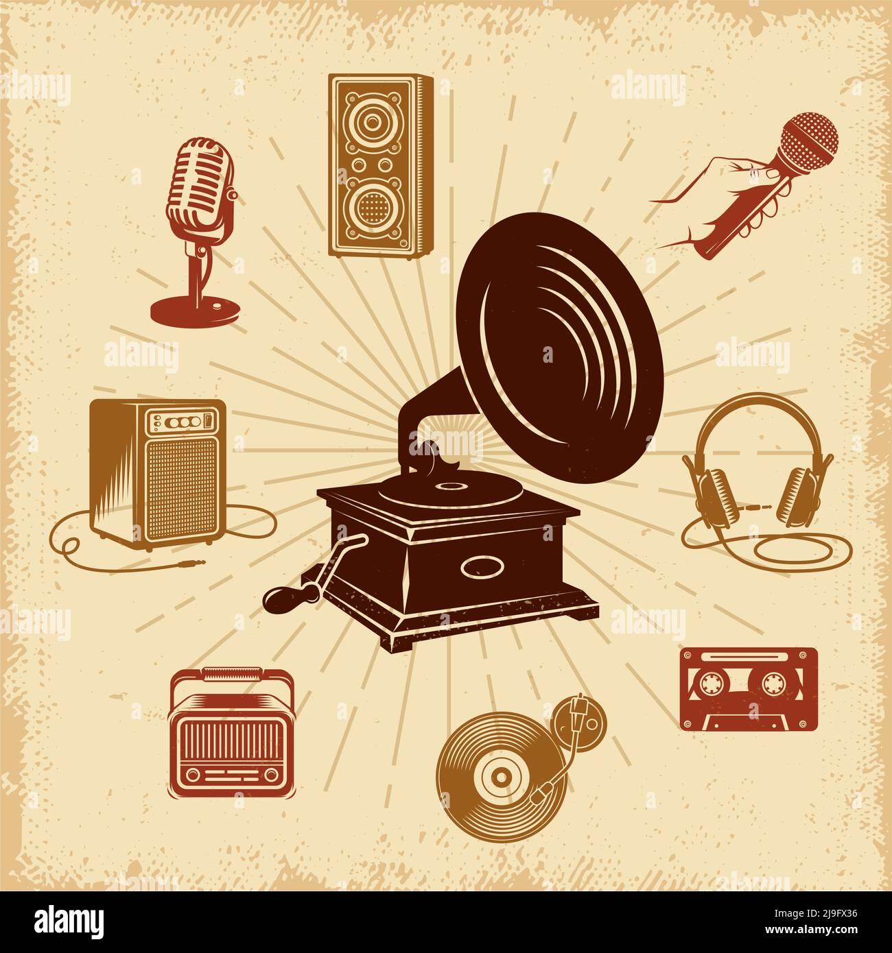 Karaoke vintage composition with black gramophone in rays and retro ...