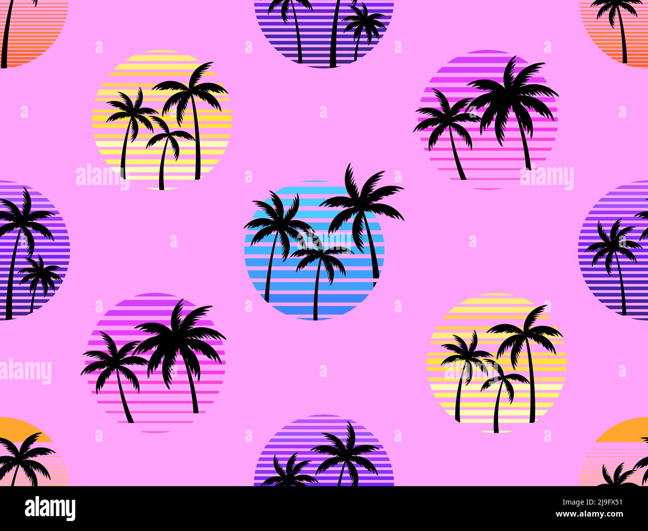 Seamless pattern with retro sun and palm trees in 80s style. Palm trees ...