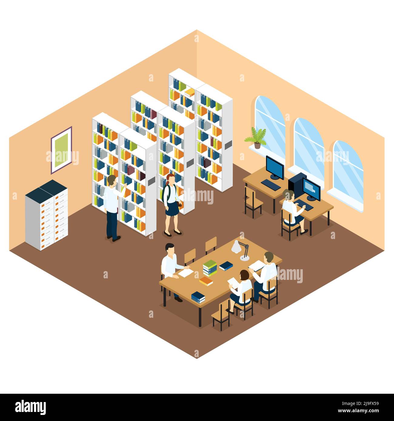 Student library isometric design with children bookcases and computers ...