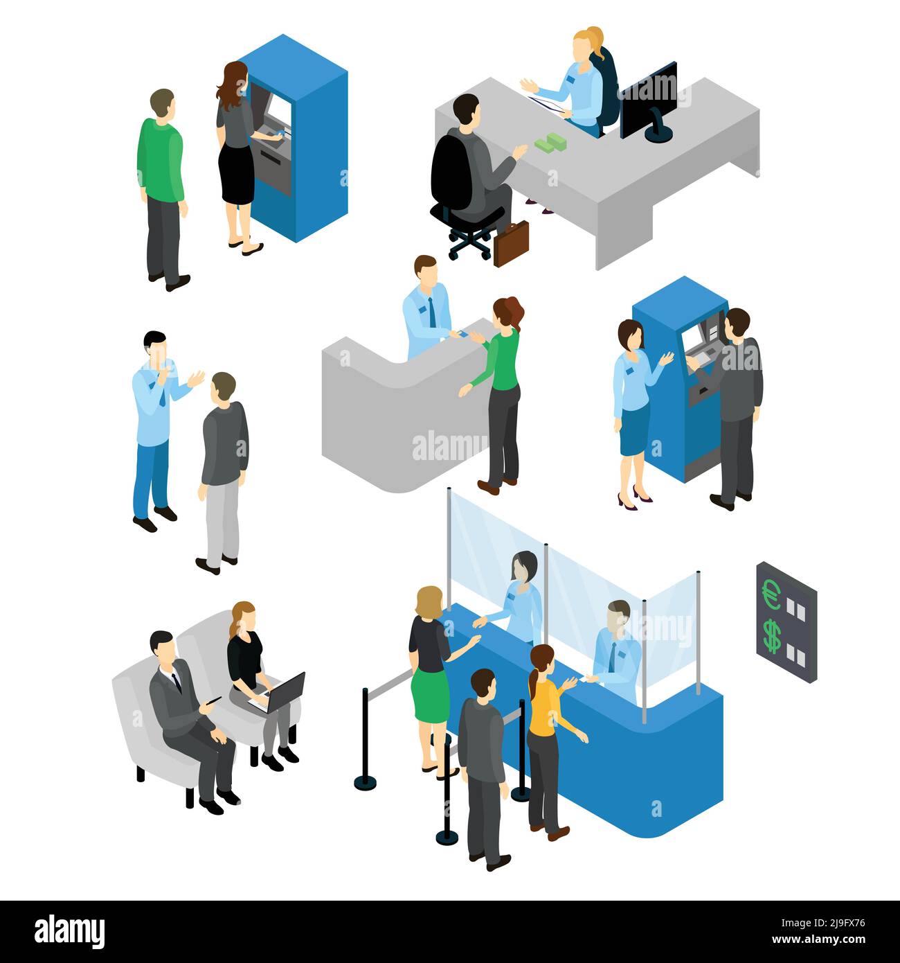 People in bank isometric set with employees and clients atm machine and ...