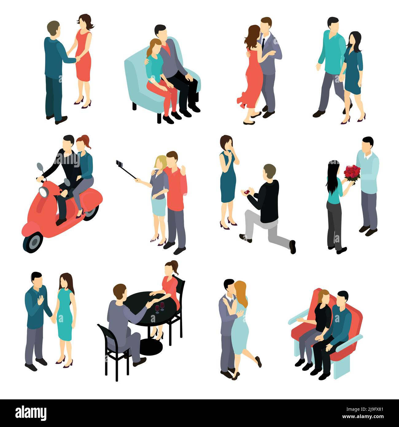 Loving couples isometric set with young men and women in various ...