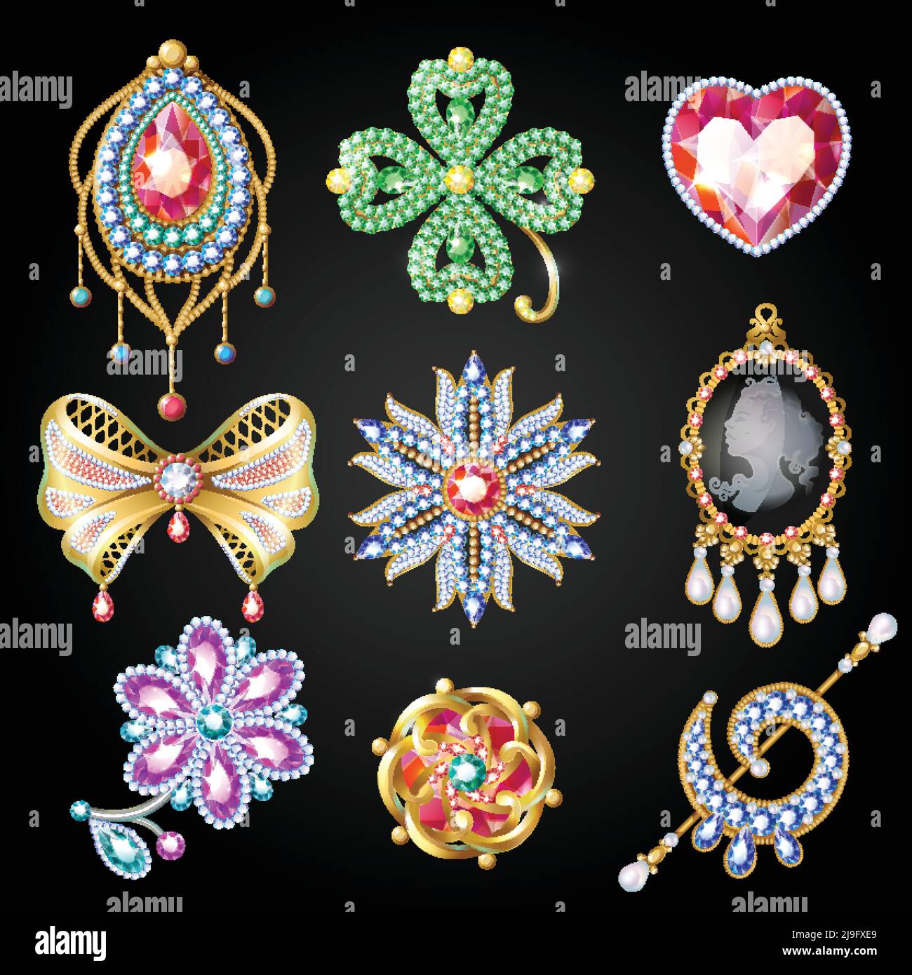 Cartoon colorful beautiful jewelry collection of glossy brooches with ...