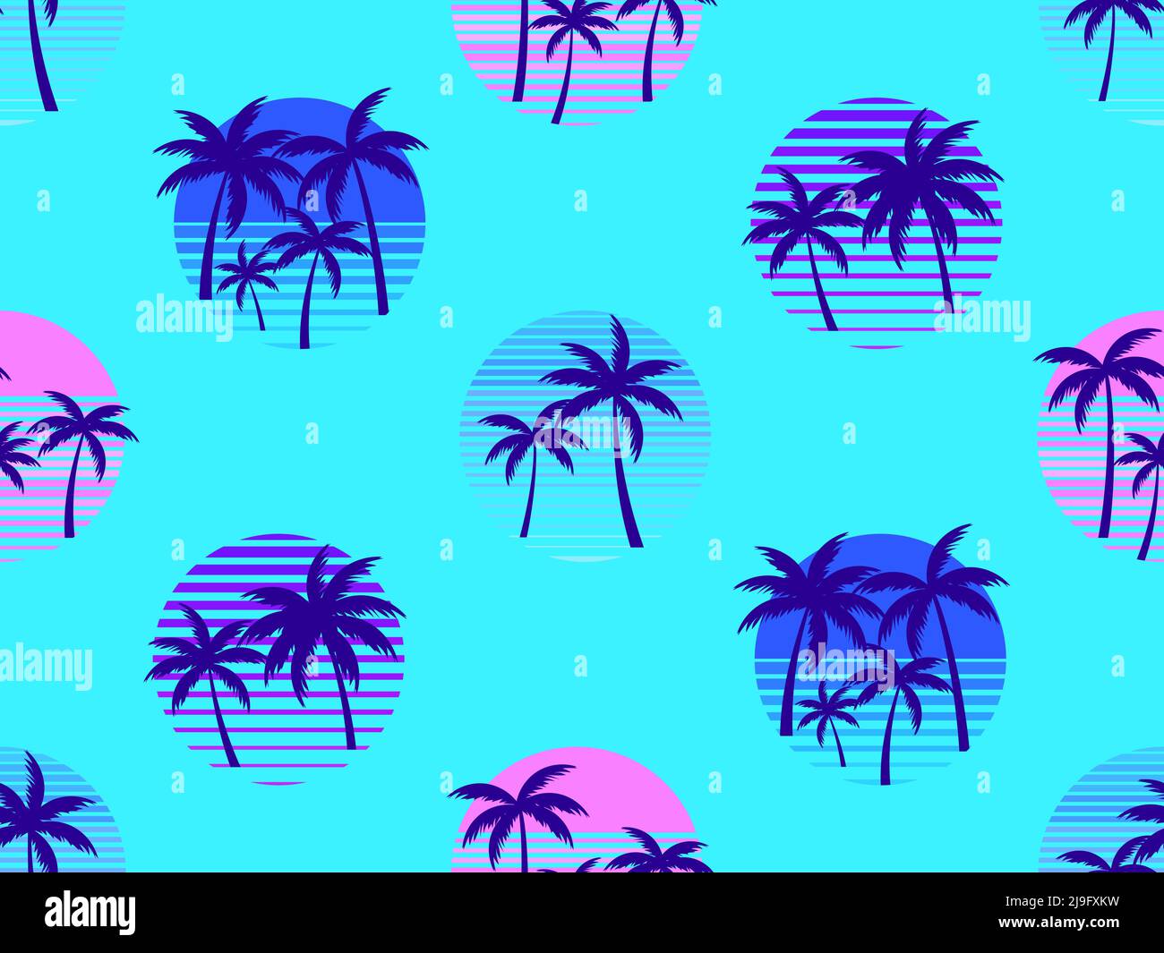 Retro sun with palm trees 80s style seamless pattern. Palm trees at ...