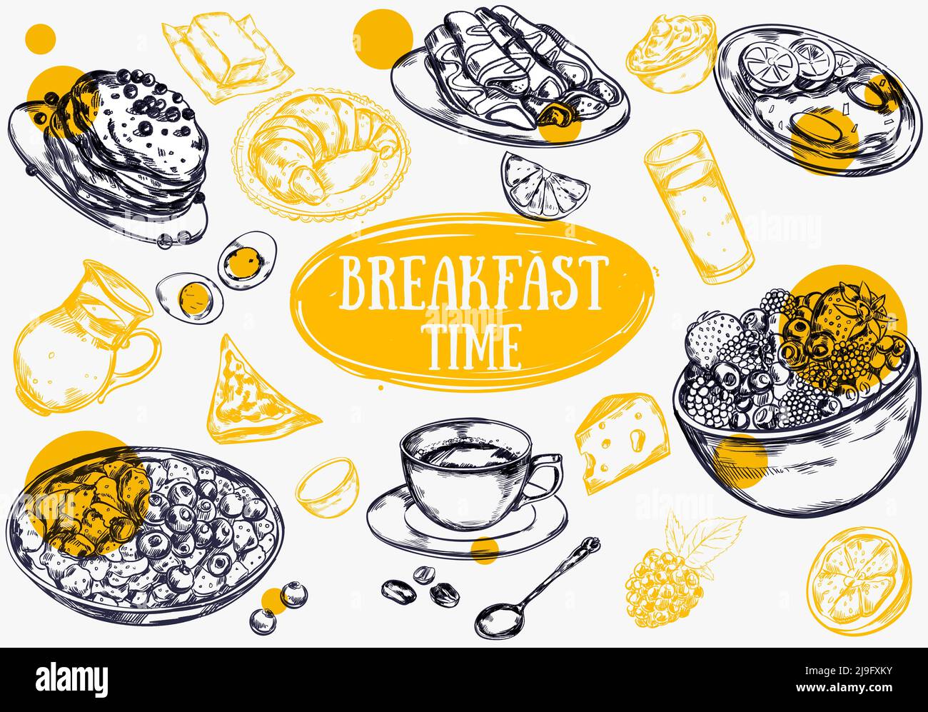 Colored food breakfast brochure with isolated black and yellow elements ...