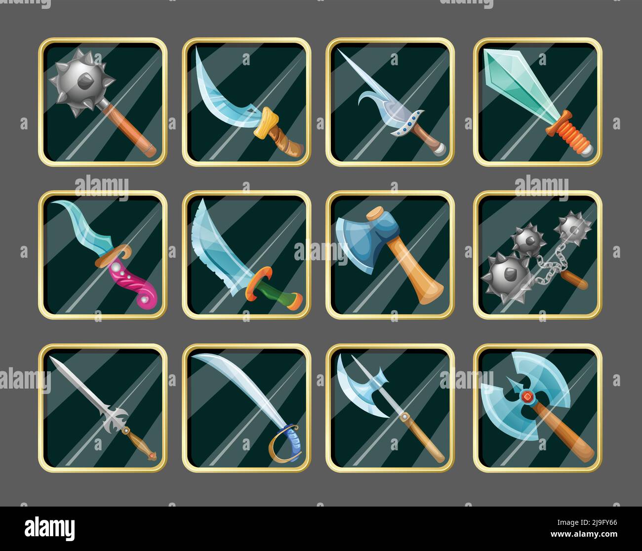 Collection of medieval weapons isolated icon set in squares and in ...