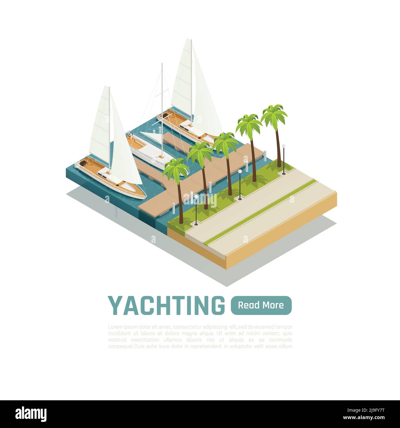 Yachting isometric colored concept with three yachts moored at the marina and palm trees vector ...