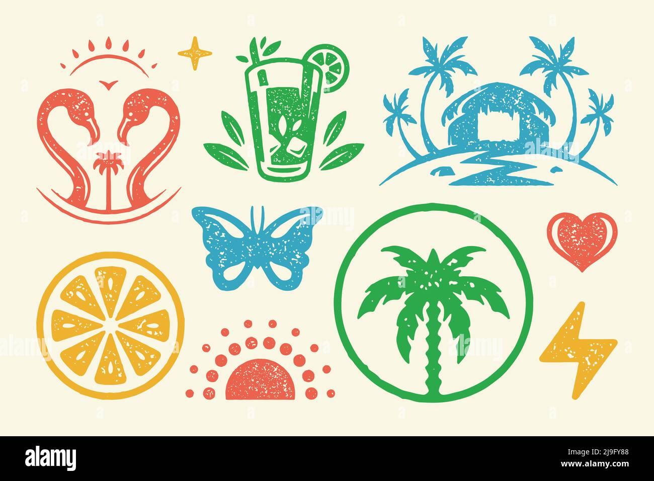 Summer symbols and objects set vector illustration. Glass of lemonade ...
