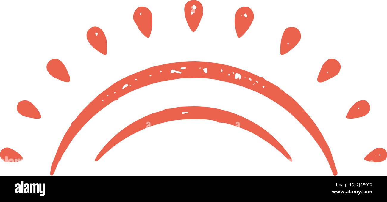 Simple childish red sun arch with dots abstract rays hand drawn grunge ...