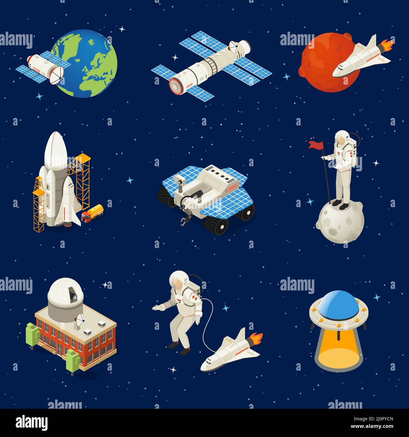 Isometric space elements set with earth planet astronauts satellite ...