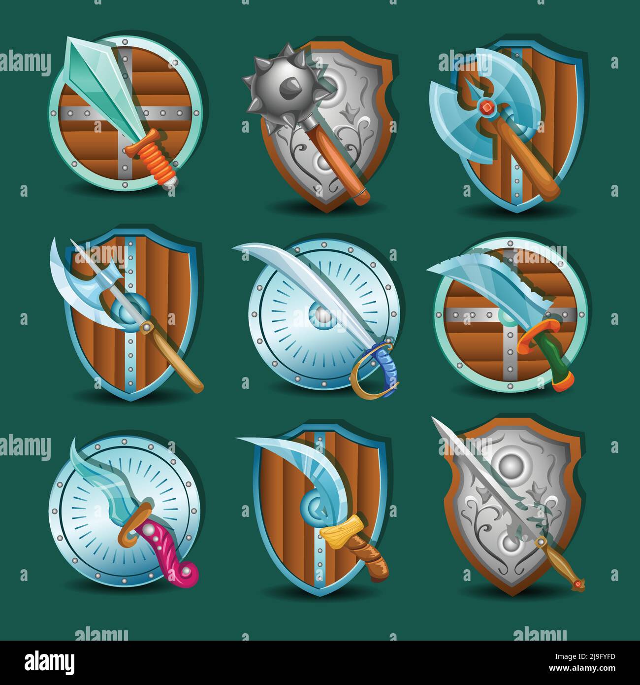 Medieval edged and strike weapon set with shields of various shape on ...