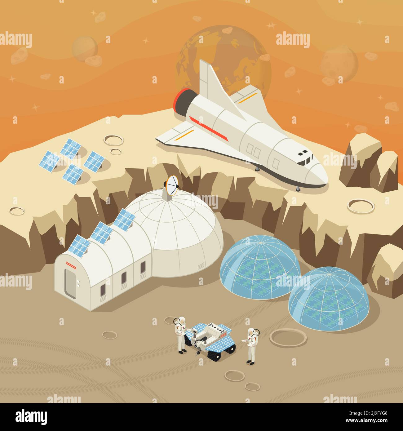 Isometric planet exploration and colonization concept with astronauts ...