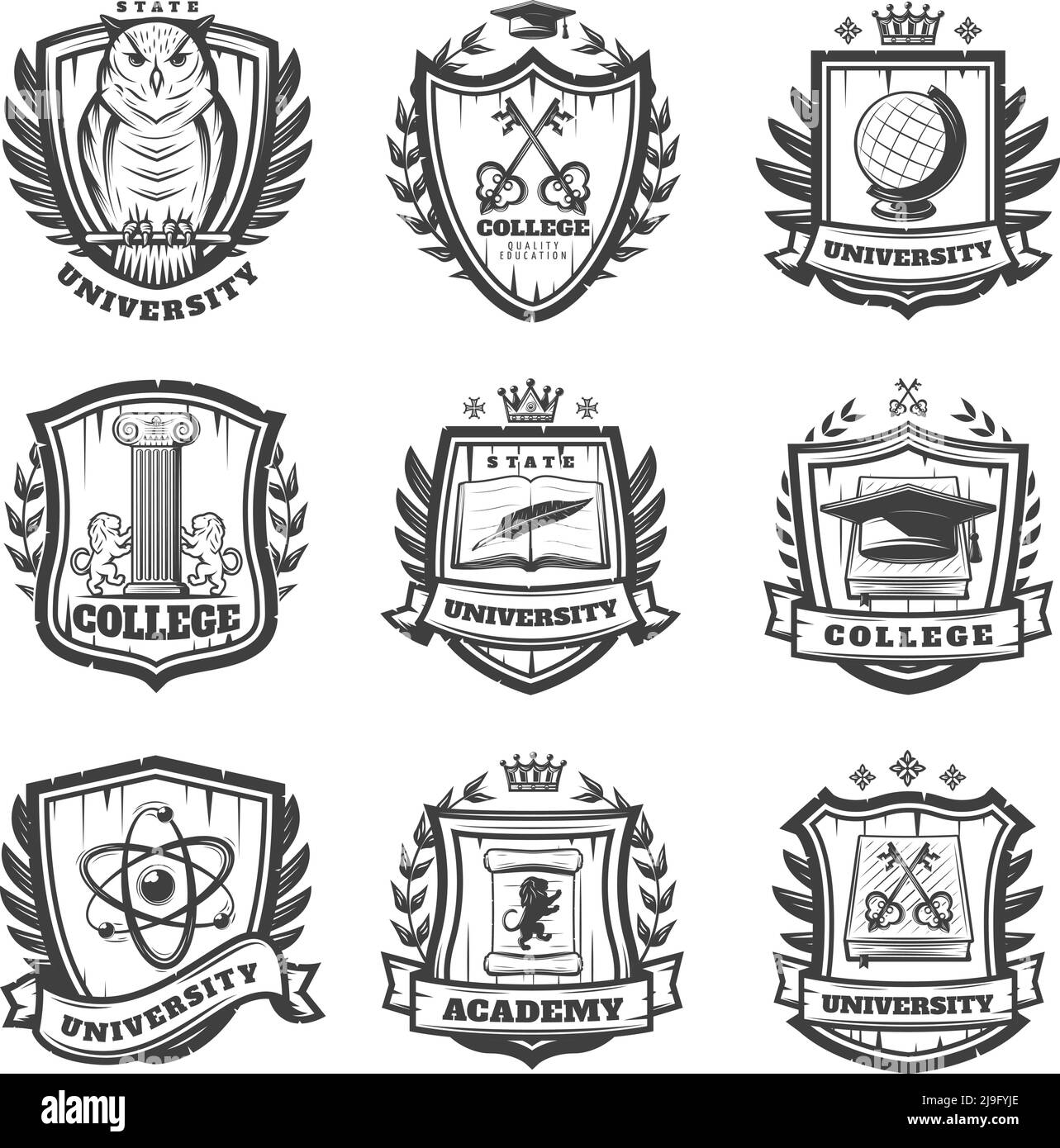 Vintage educational coat of arms set with university college and ...