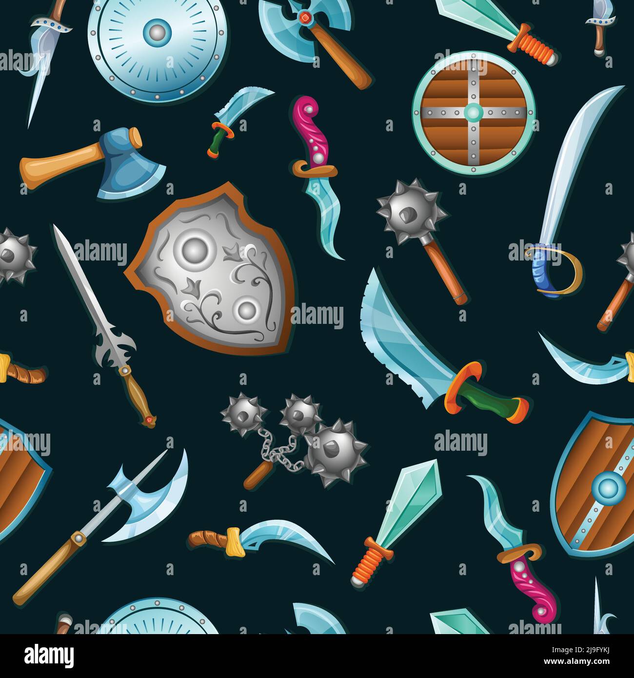 Medieval weapons seamless background pattern with flying cartoon ...