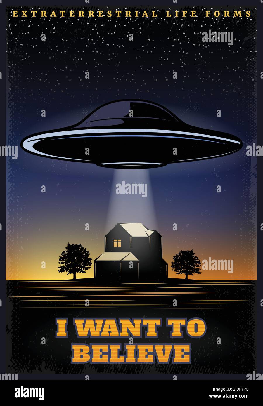 Vintage colored UFO Template with extraterrestrial spaceship abducting ...