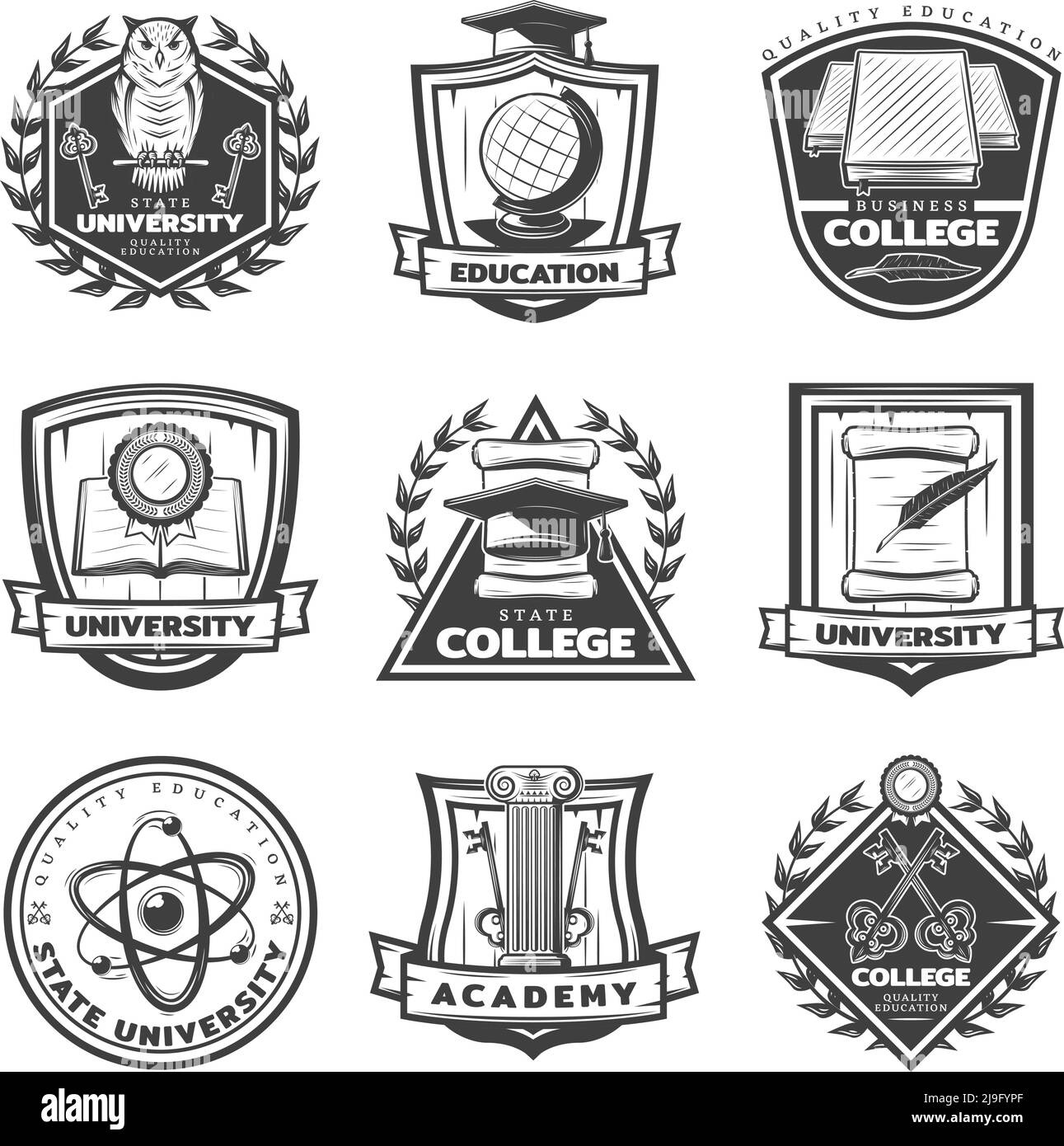 Vintage monochrome educational labels set with university college and ...