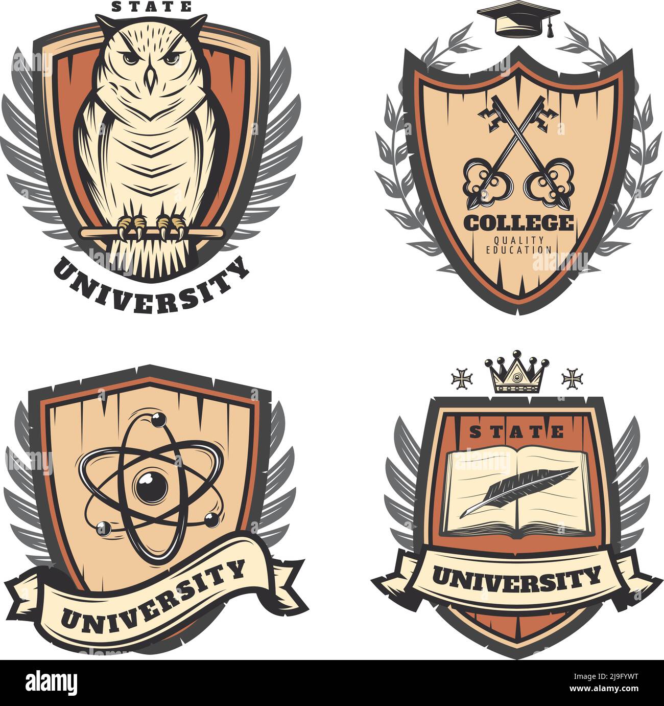 Vintage colored university emblems set with owl crossed keys atom model ...