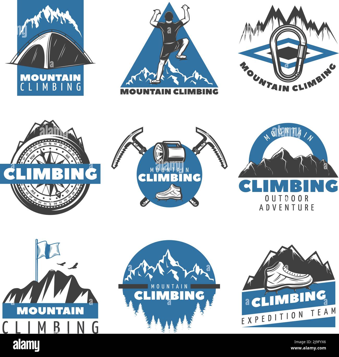 Vintage colored mountain climbing labels set with inscriptions tent ...