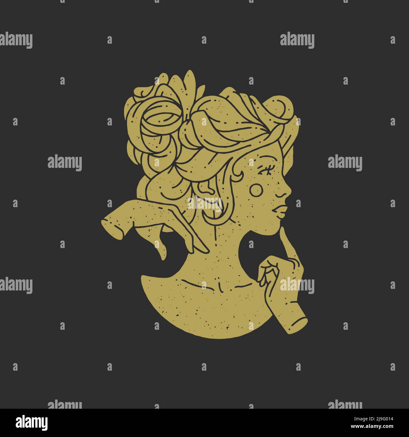 Elegant medieval pensive woman monument with finger near lips having ...