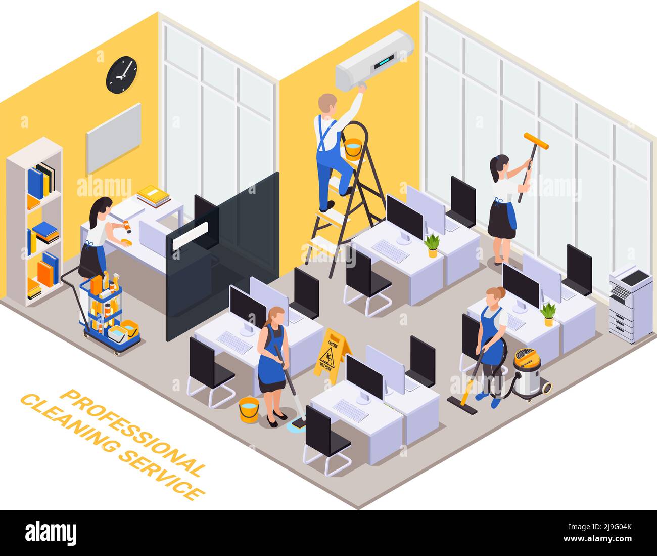 Professional cleaning service isometric composition with text and ...