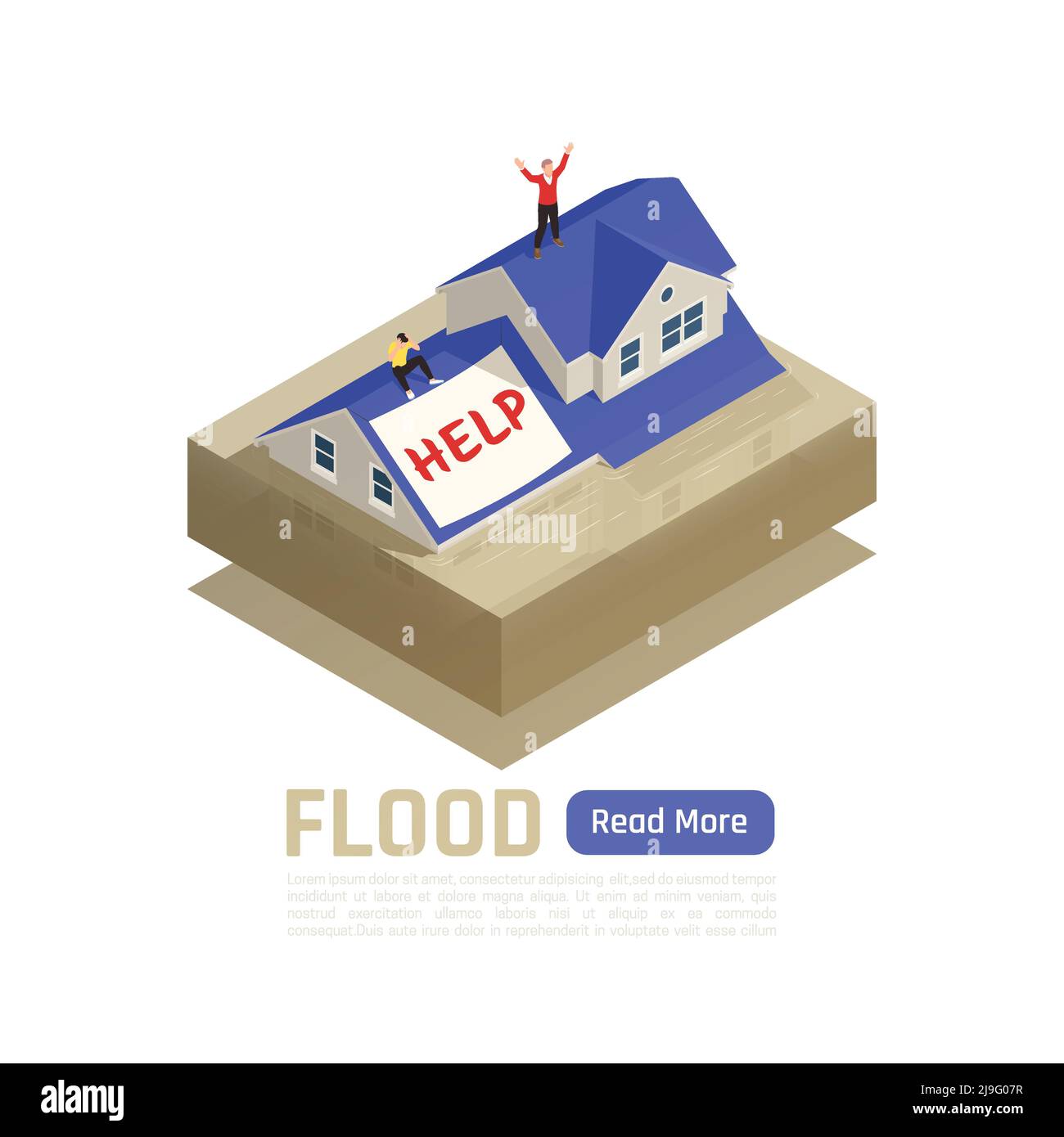 Natural disaster isolated and colored composition with flood headline ...