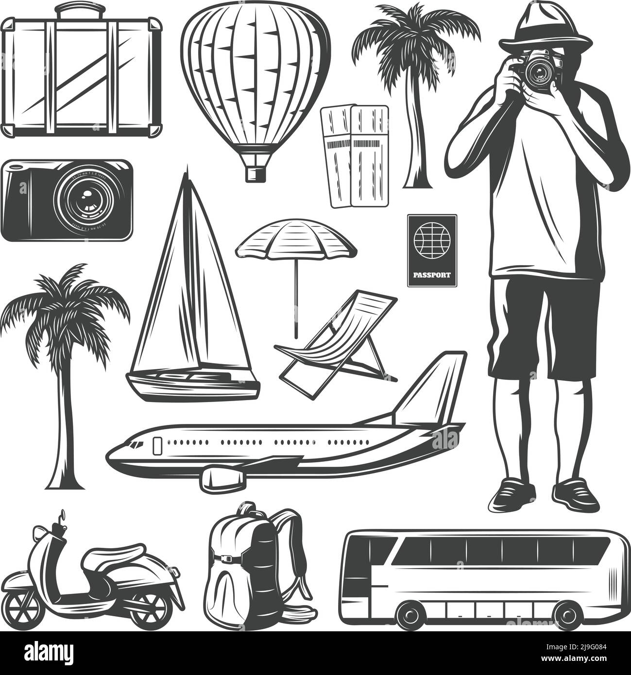 Vintage vacation and travel elements set with vehicles baggage traveler ...