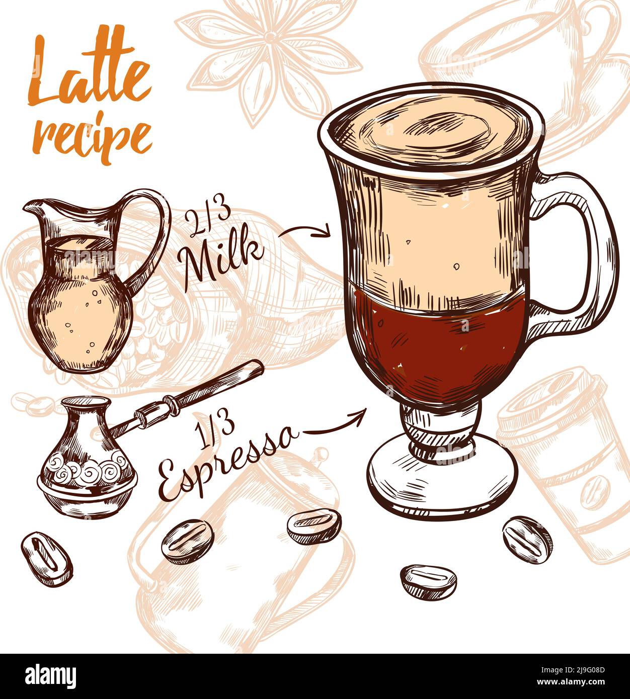 Colored sketch coffee recipe with latte recipe parts of espresso and ...