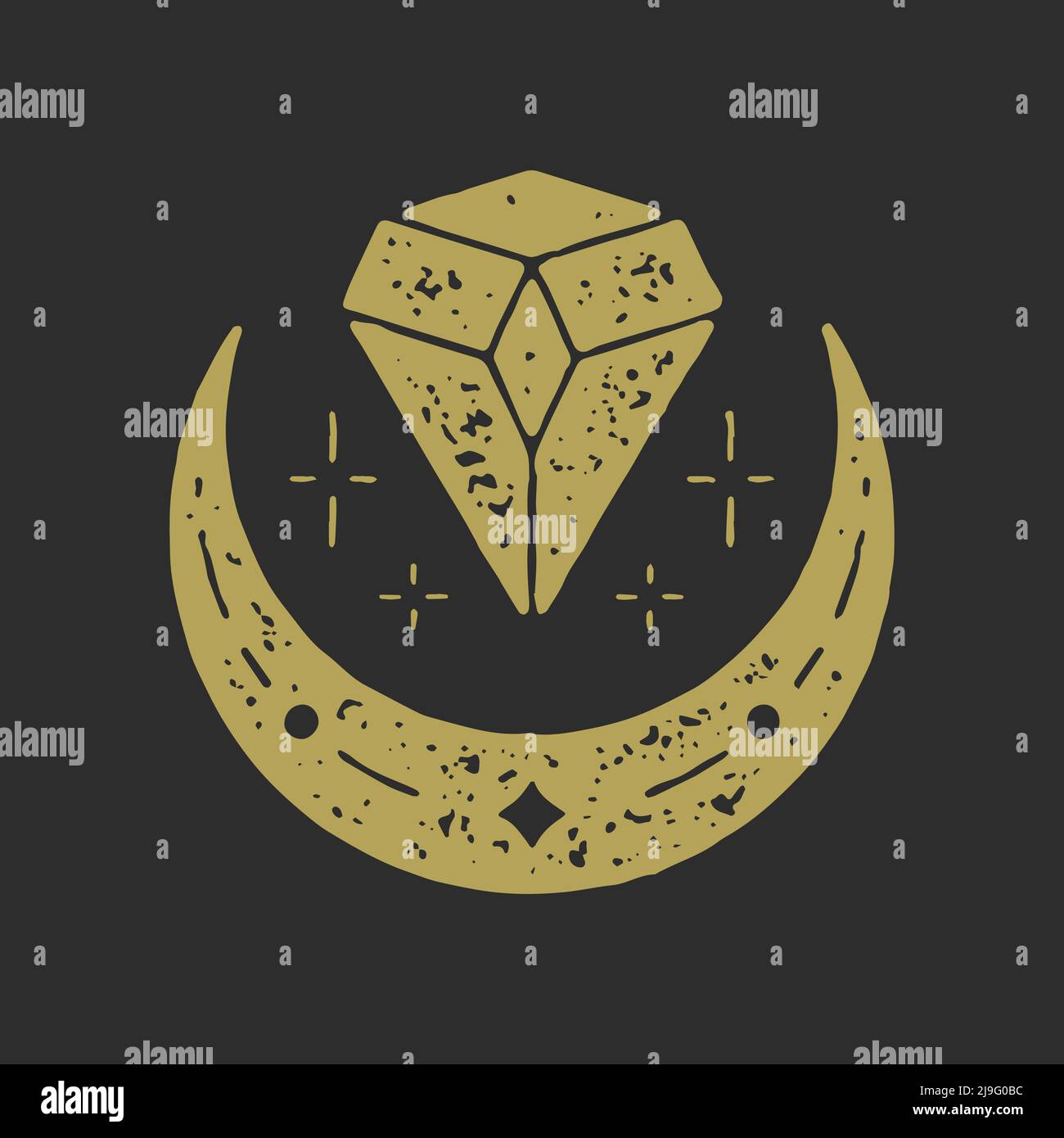 Antique half moon and gem crystal spiritual elegant amulet golden ...