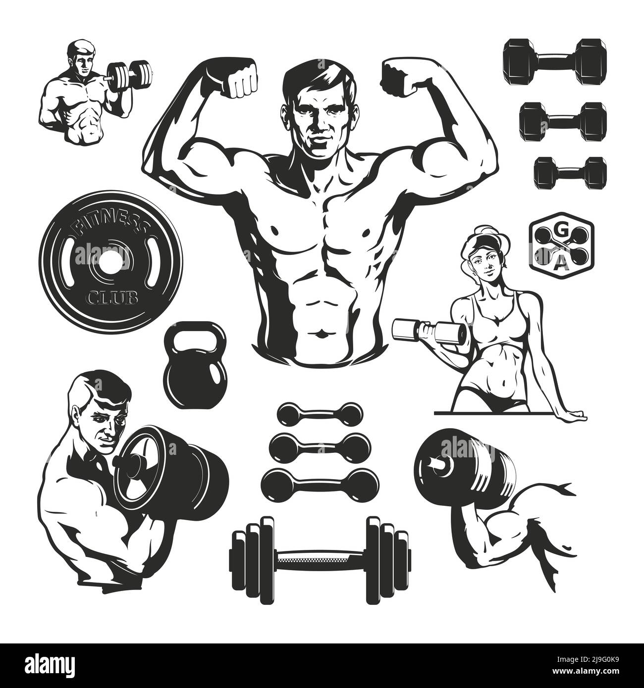 Set of isolated monochrome fitness images with athlete characters ...