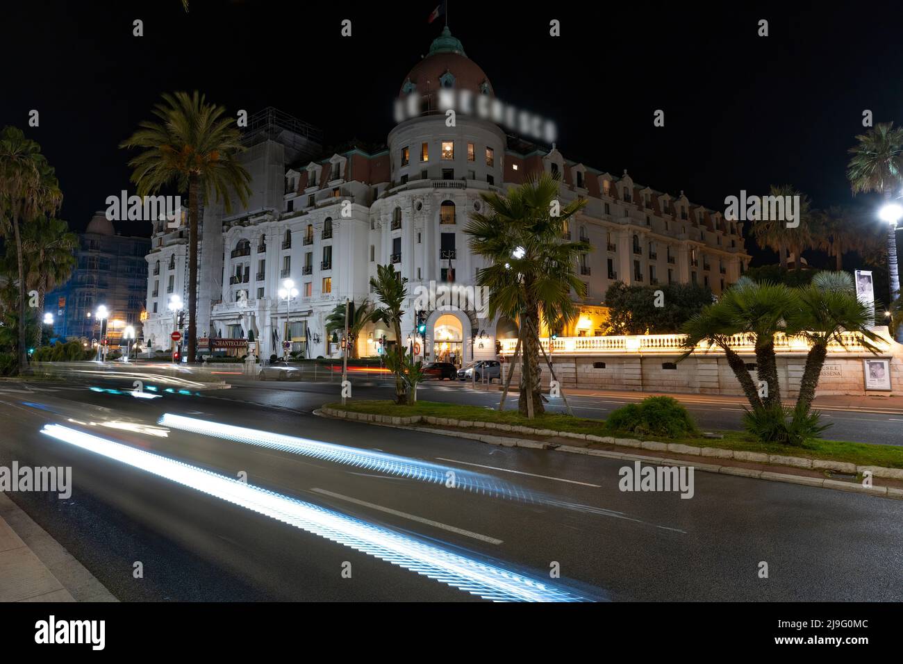 Nice, France, March 31, 2022: Night view of Hotel Negresco in Nice, a ...