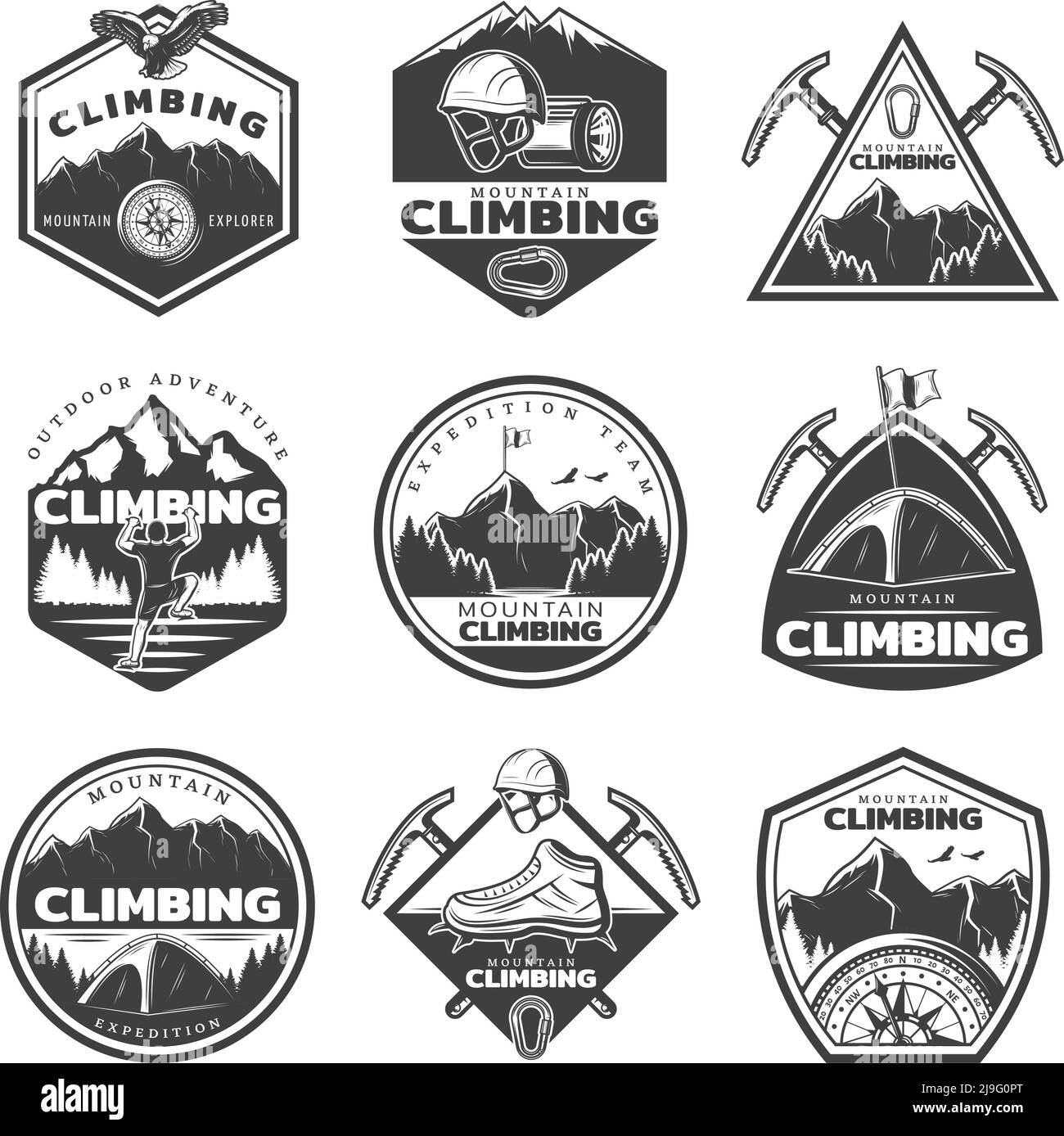 Vintage monochrome mountain climbing labels set with climber ...