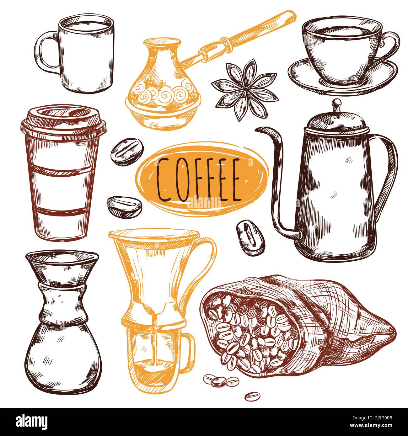 Sketch coffee isolated icon set with hand draw cups and mugs for ...