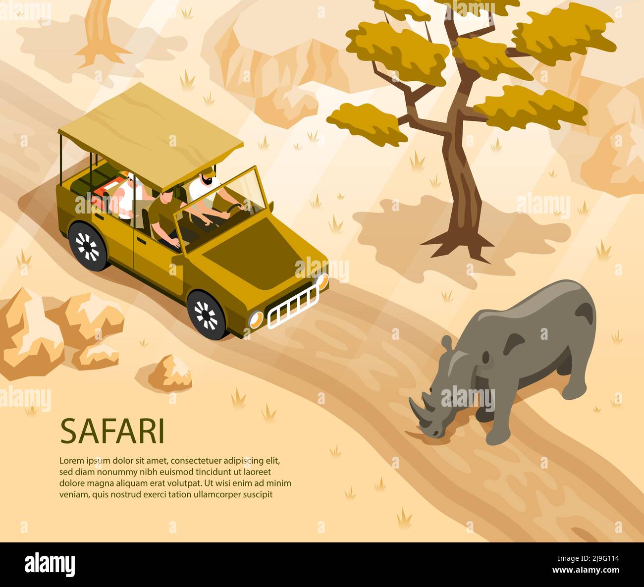 Safari car with tourists and rhino crossing road 3d isometric vector ...