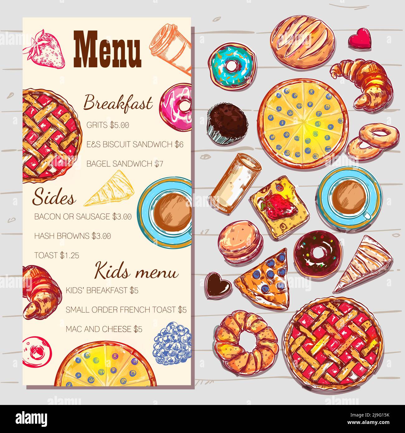 Food top view menu template with price and types of plates on breakfast ...
