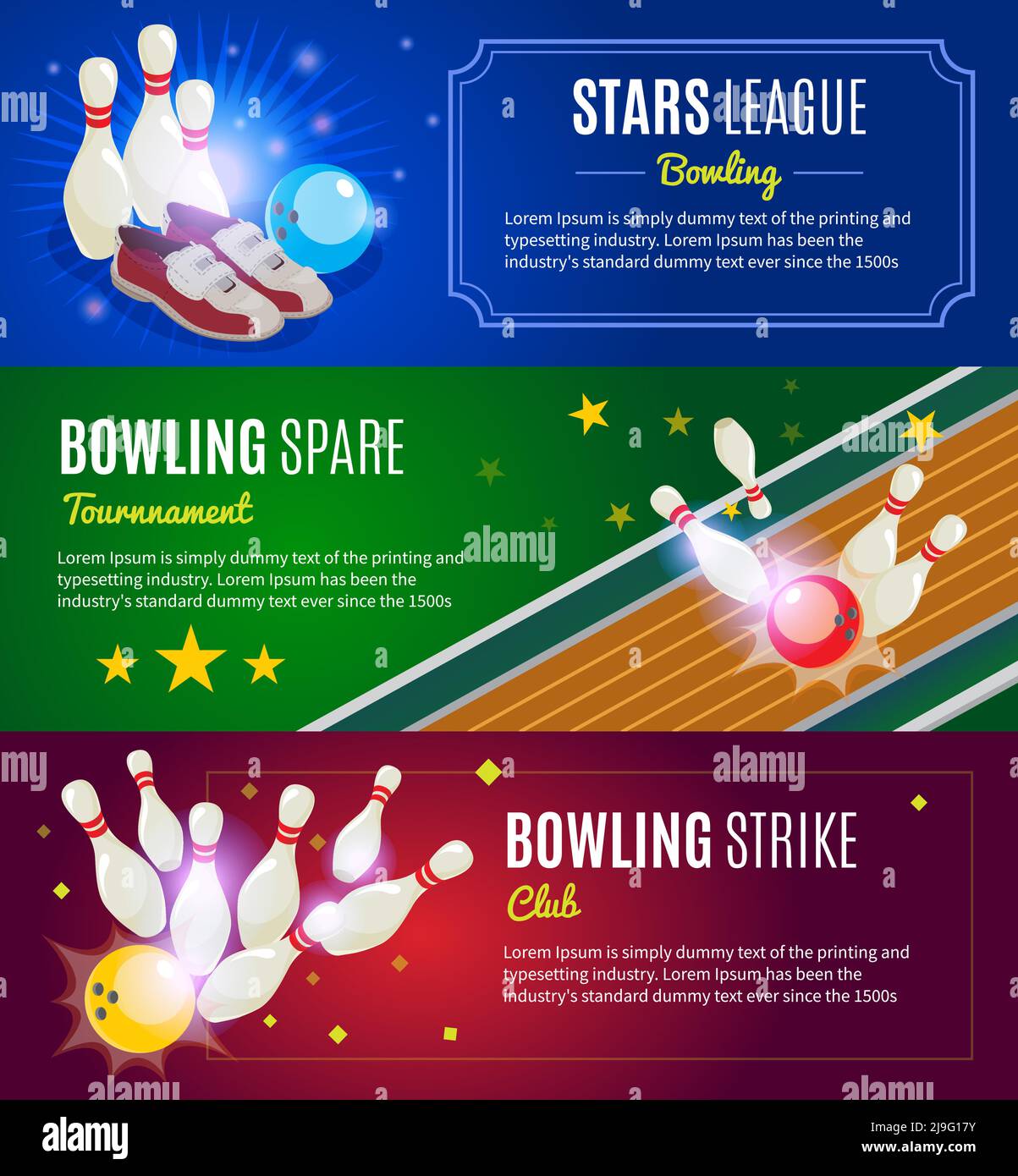 Isometric colorful bowling horizontal banners with pins sneakers balls ...